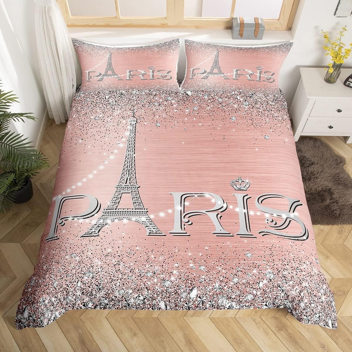 YST Girly Eiffel Tower Duvet Cover King Glitter Paris Bedding Set Women ...