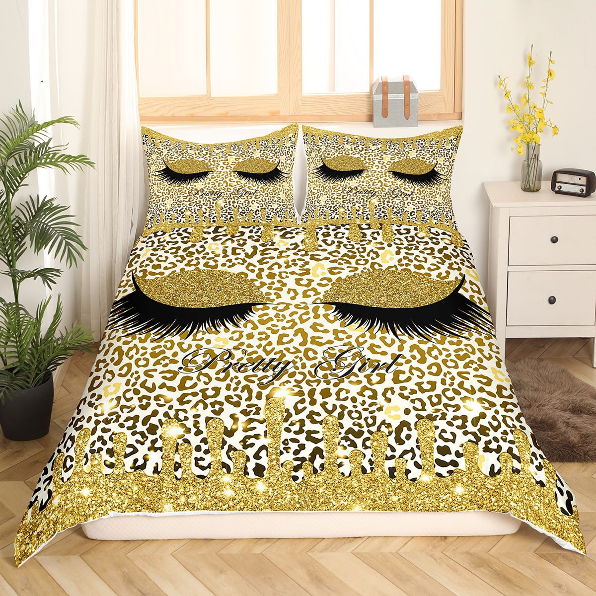 YST Girly Eyelash Comforter Cover Animal Print Bed Sets, Gold ...