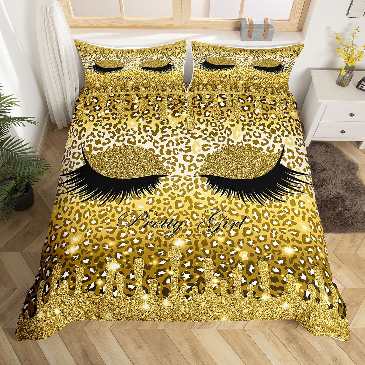 Girly Eyelash Duvet Cover King Animal Print Bedding Set, Gold ...