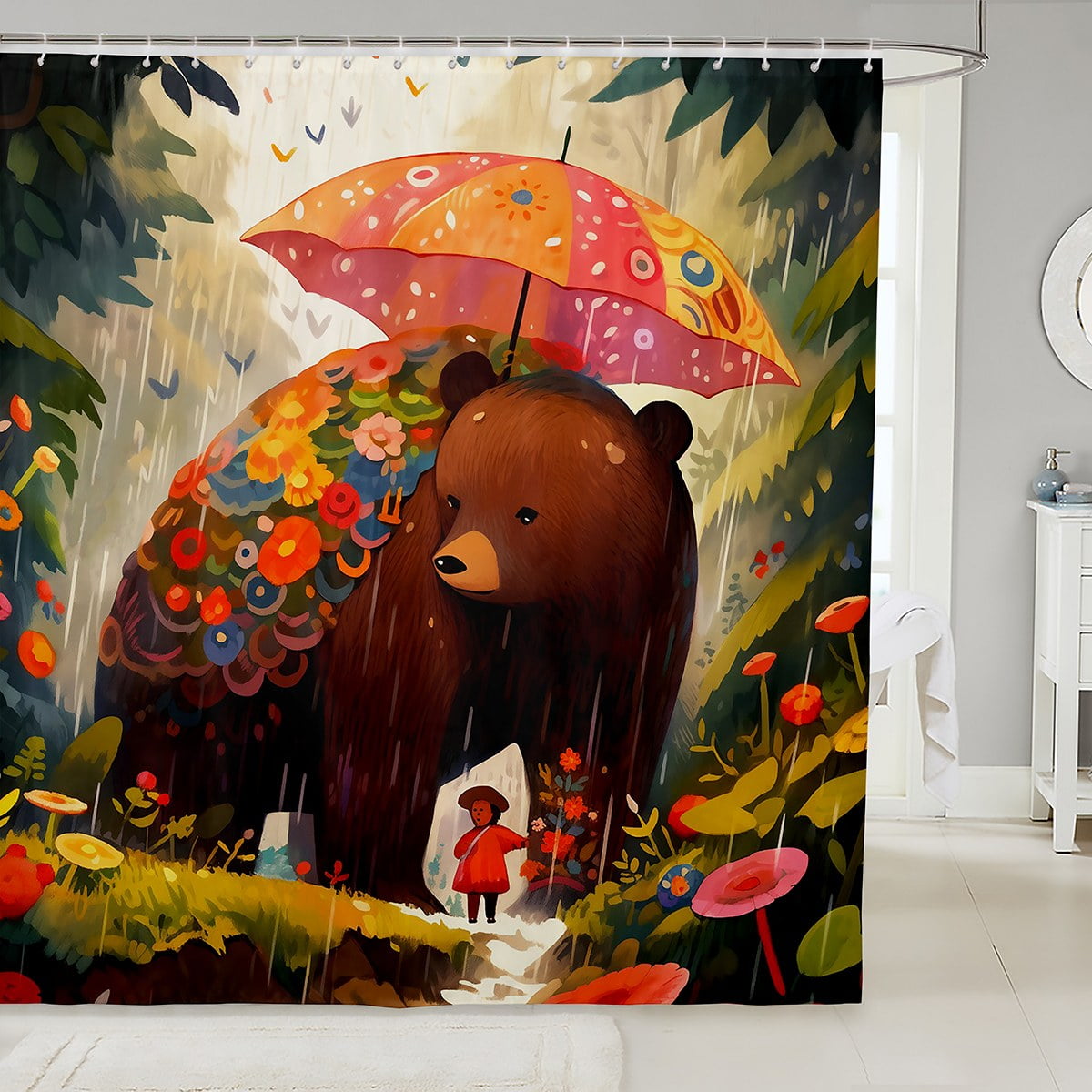 YST Girly Fabric Shower Curtain Cartoon Bear Illustration Bathroom ...