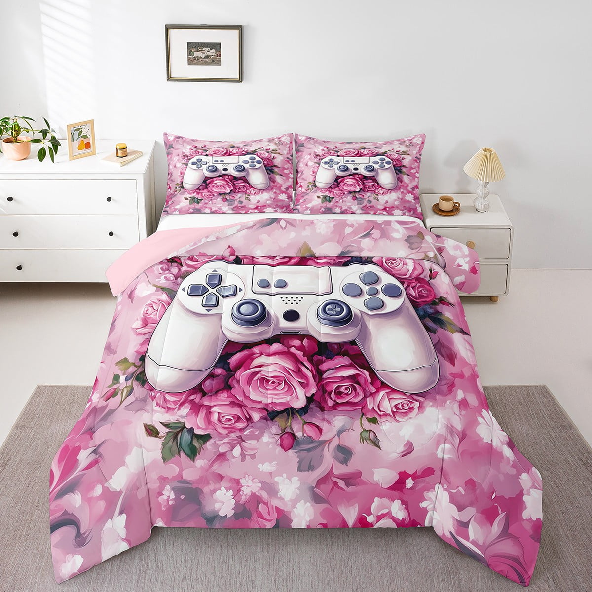 Girly Gaming Comforter Set Teen,Gamer Video Game Twin Bedding Set Cute ...