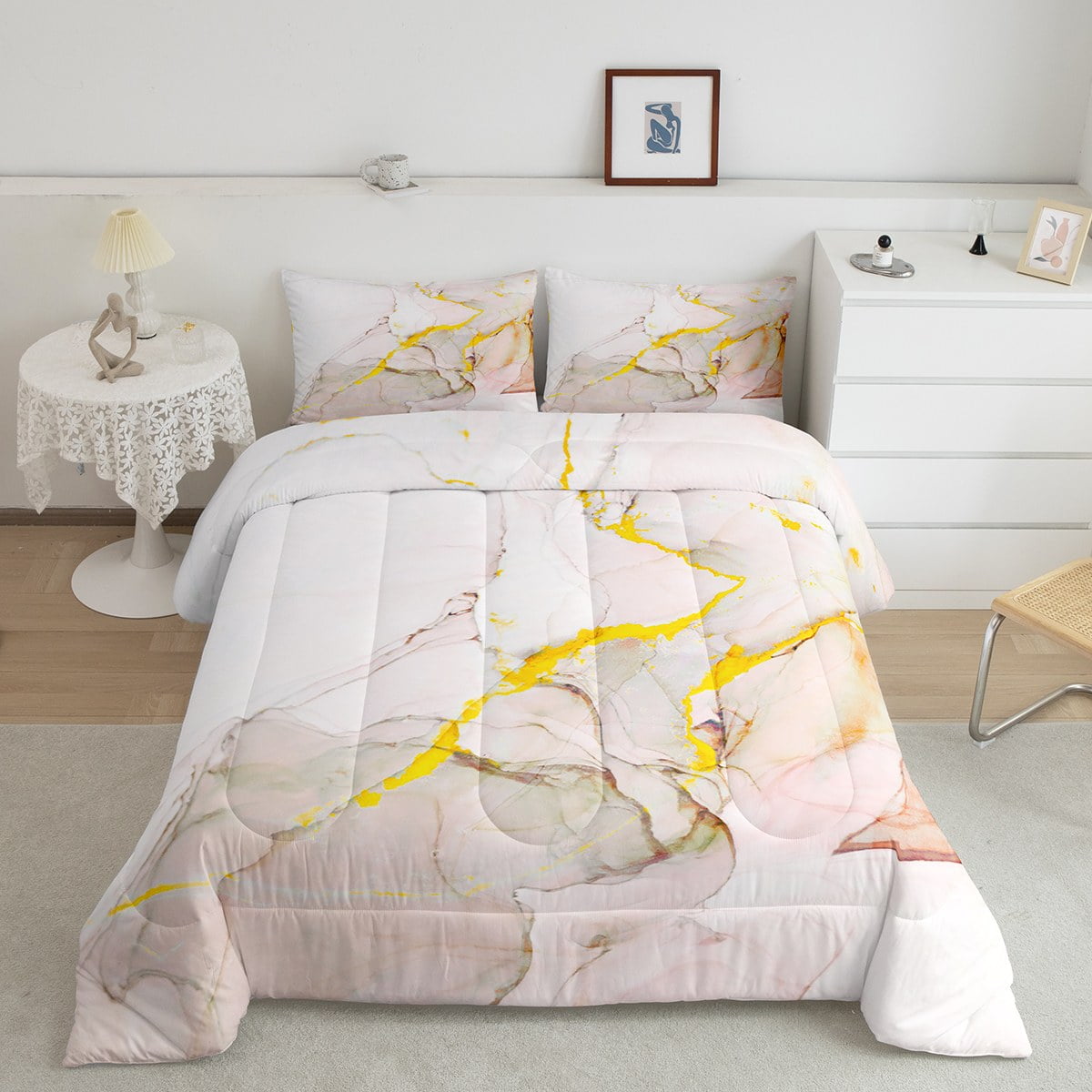 Erosebridal Girly Geometric Bedding Full Pink Marbling Comforter Set ...