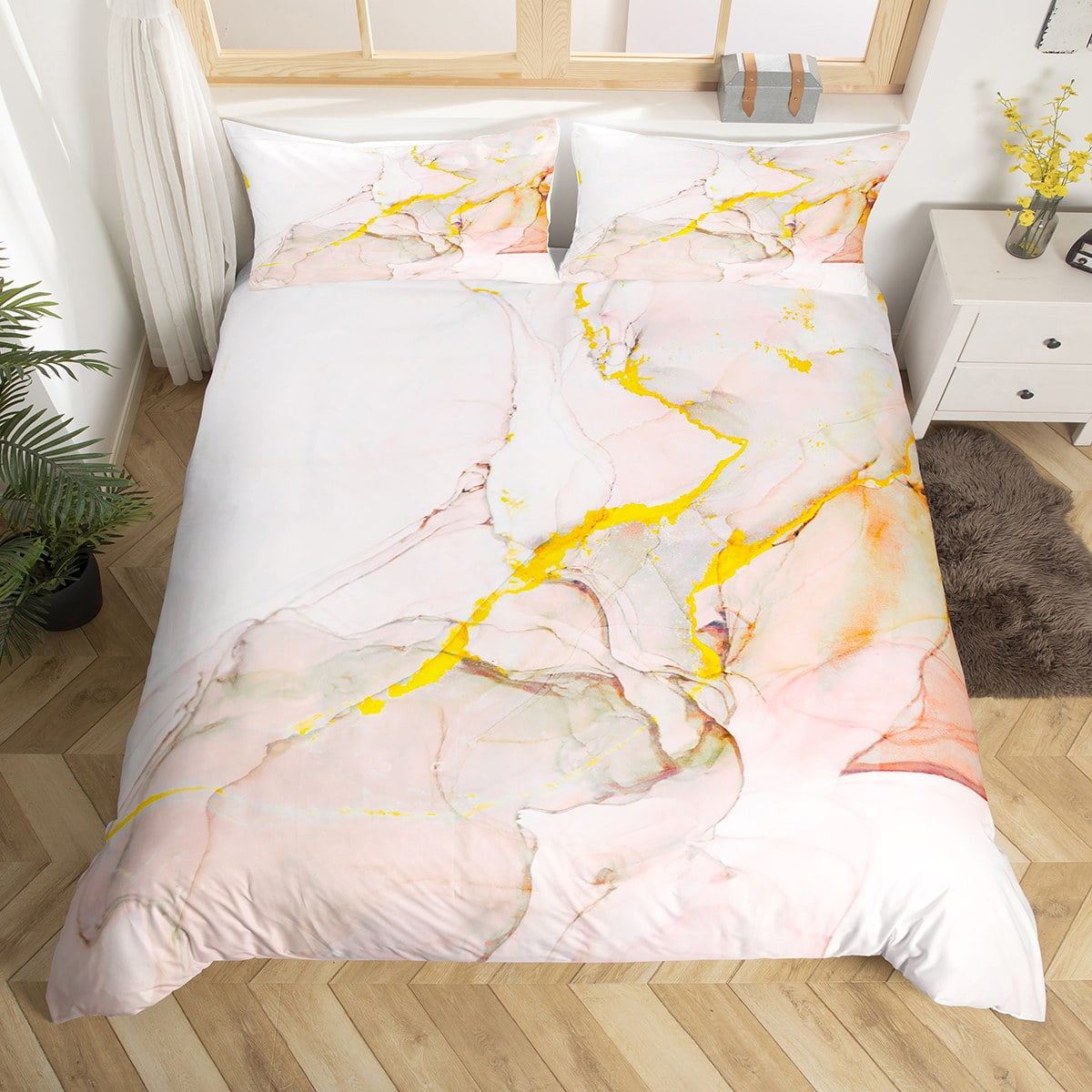 Girly Geometric Bedding Sets Queen Pink Marbling Comforter Cover Women ...