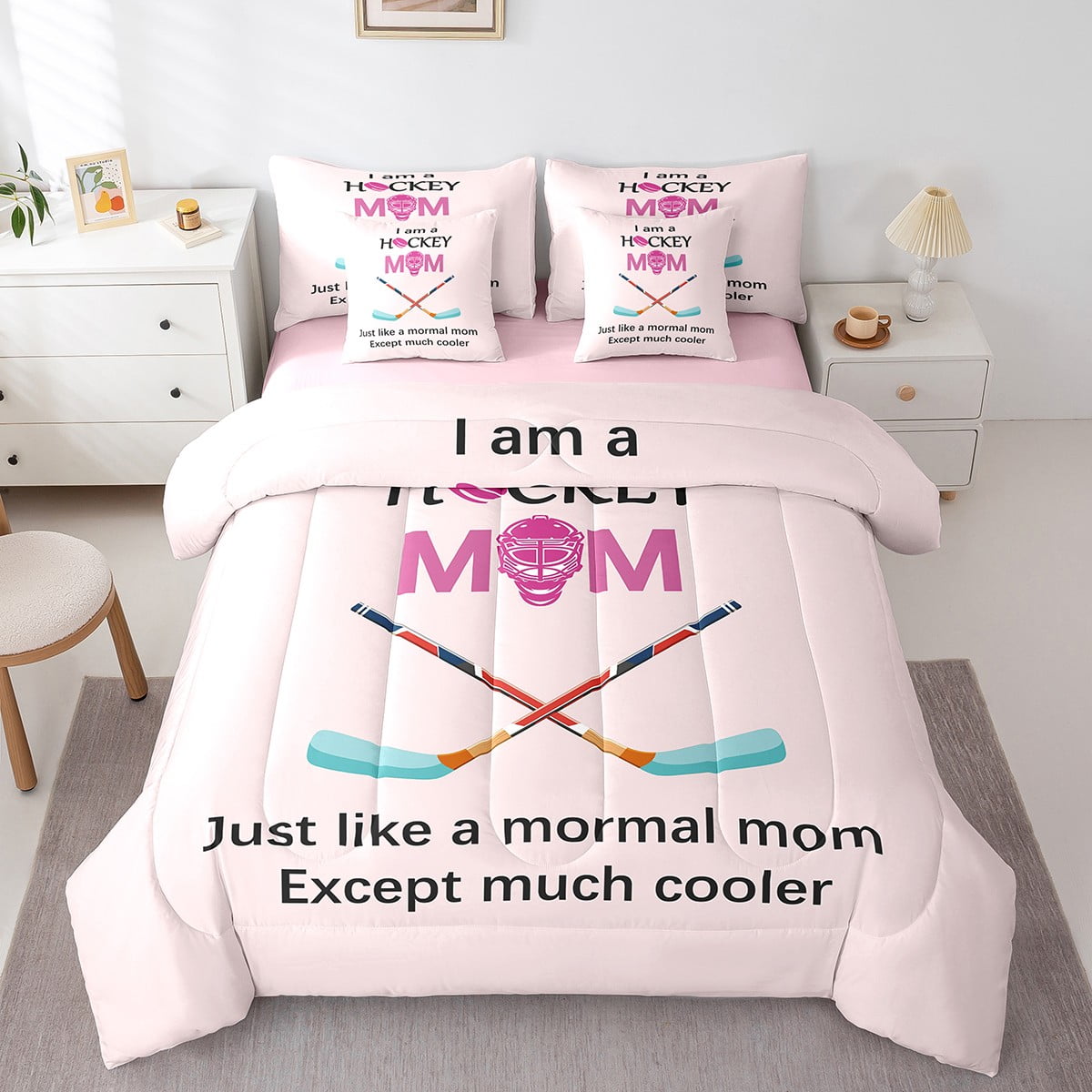 YST Girly Hockey 7 Piece Comforter Set Queen Size,Pink Ice Puck Hockey ...
