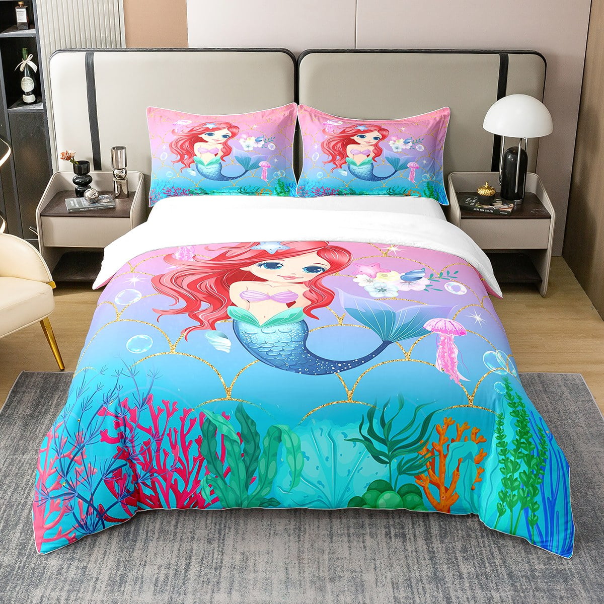 YST Girly Mermaid 100% Cotton Duvet Cover Twin,Cute Mermaid Tail ...