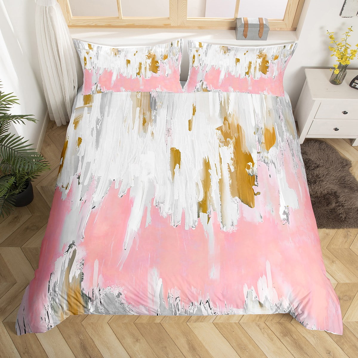 Girly Pink Duvet Cover Twin Oil Painting Stripe Bedding Sets, Brush ...