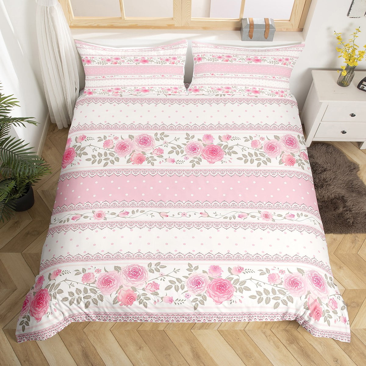 Erosebridal Girly Pink Pastel Bedding Sets Queen Rose Flower Floral ...