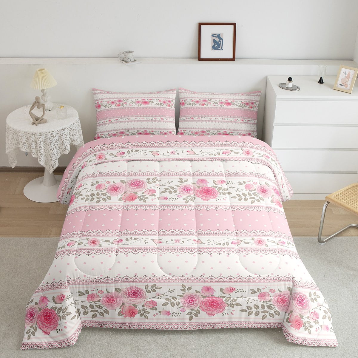 Erosebridal Girly Pink Pastel Comforter Twin Rose Flower Floral Bedding ...