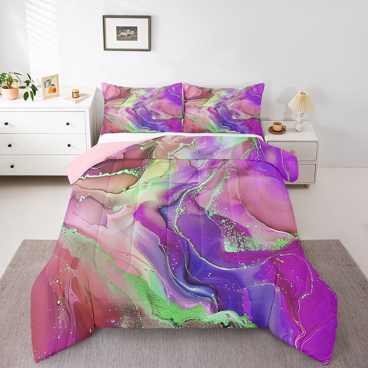 Girly Pink and Purple Comforter Set Full Aesthetic Marble Bedding Set ...