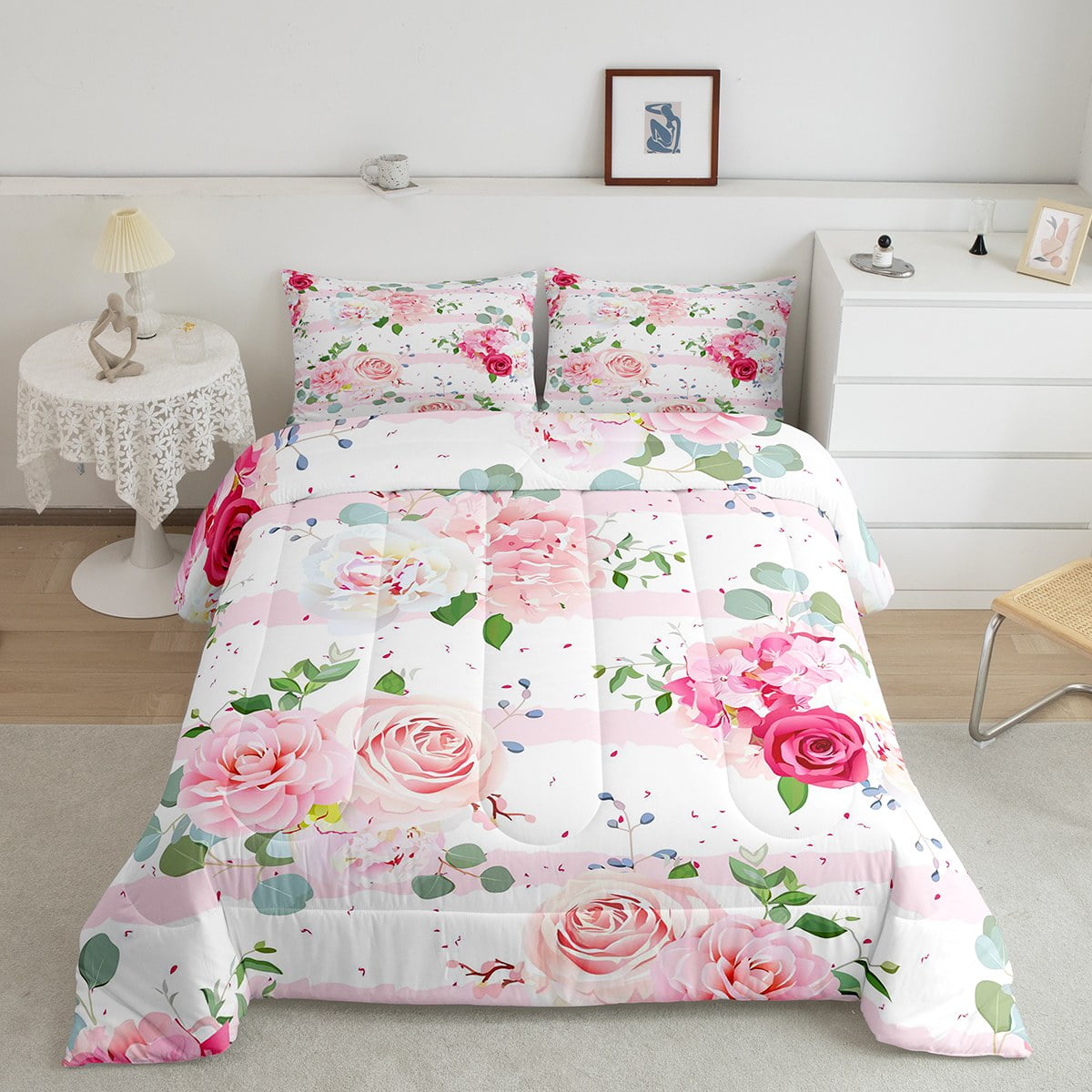 YST Girly Pink Rose Bedding Set Queen for Girls Geometric Stripe ...