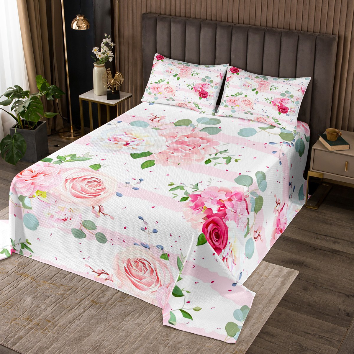 Girly Pink Rose Bedspread King Size Geometric Stripe Quilt Set ...