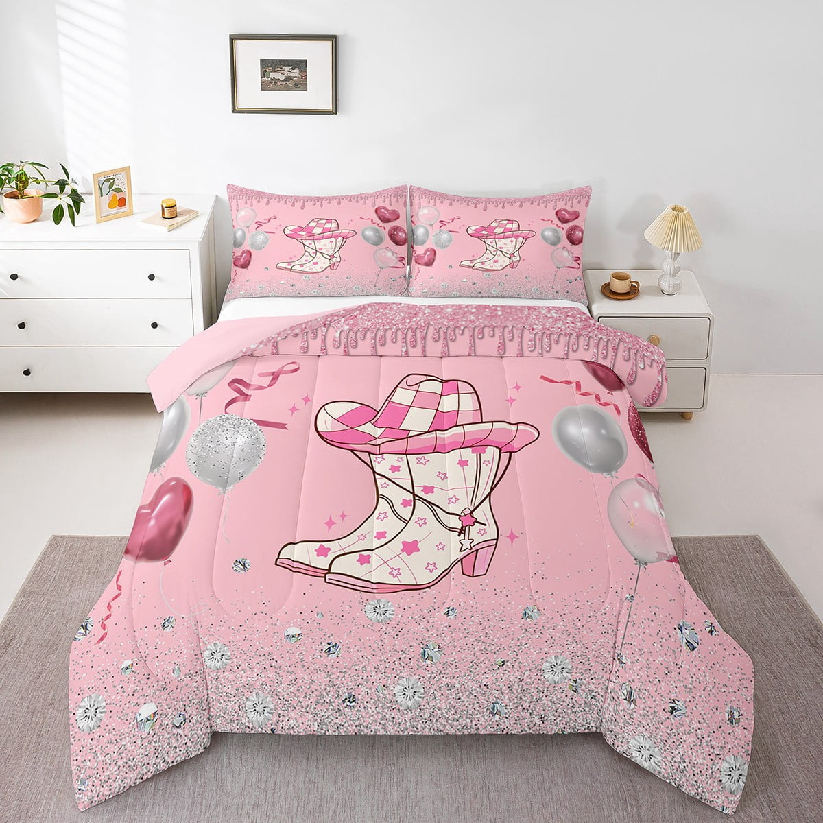 YST Girly Preppy Western Bedding Twin, Pink Cowgirl Western Hat Shoes ...