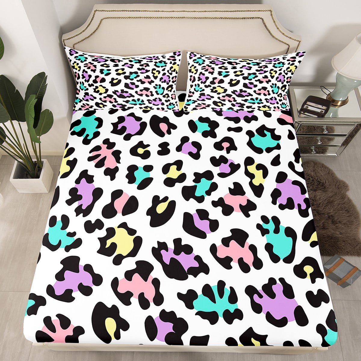 Erosebridal Girly Rainbow Cheetah Print Queen Fitted Sheet Colorful ...
