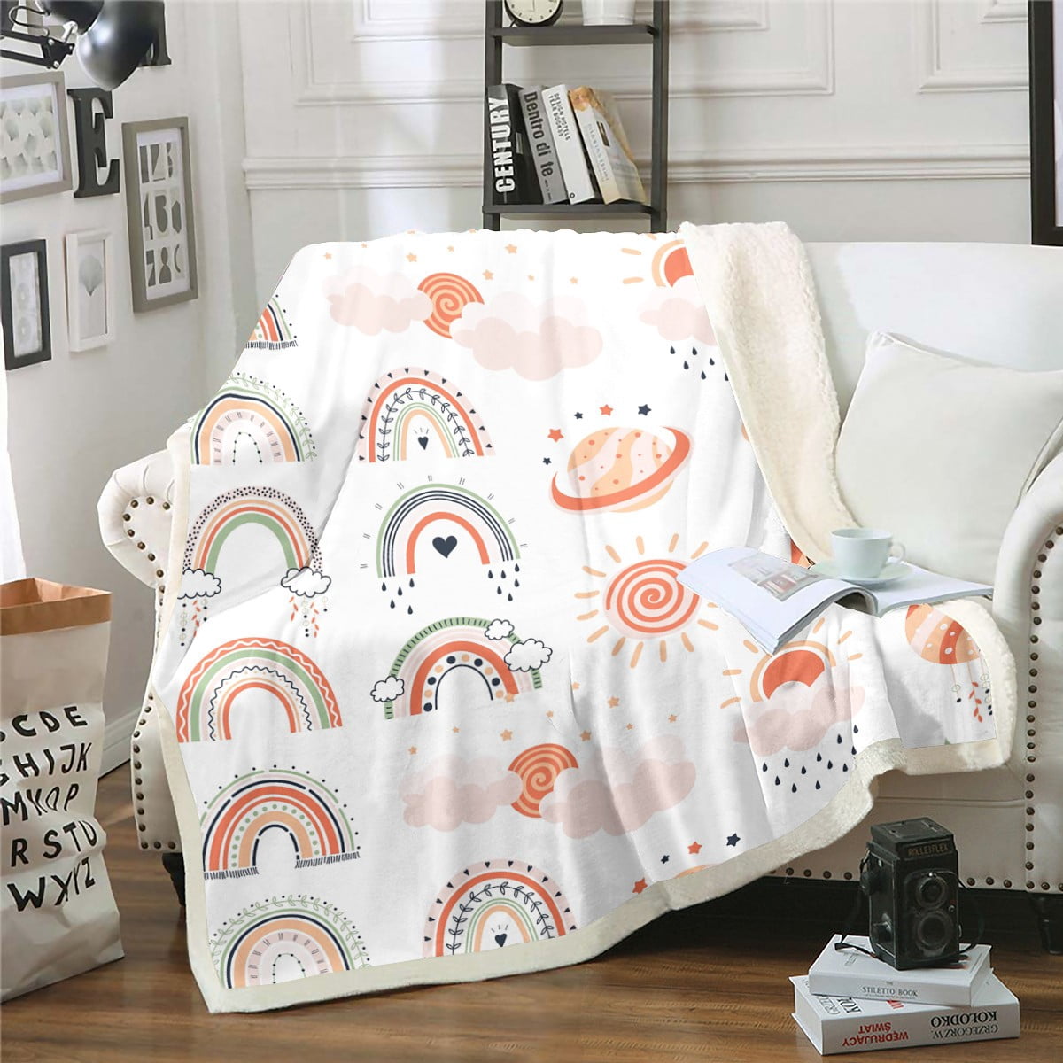 Girly Rainbow Fuzzy Blanket Boho Sun and Moon Throw Blanket Kawaii ...