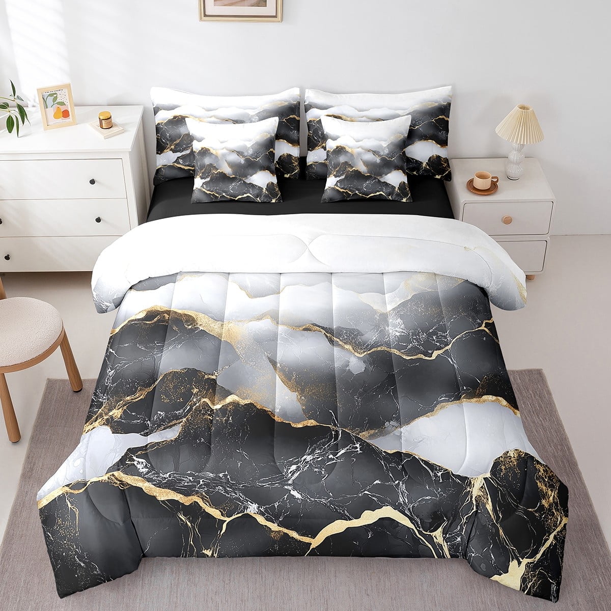 Glitter Gold Marble Comforter Set 7 Piece Bed In A Bag,Marble Black ...