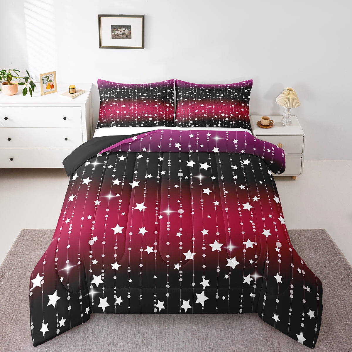 Glitter Star Bedding Set Full Size, Black Red Purple Comforter Set ...