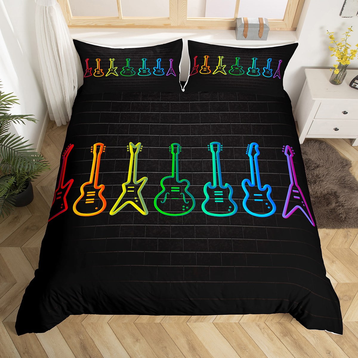YST Glowing Guitar Duvet Cover Full for Kids Teen Adults Neon Guitars ...