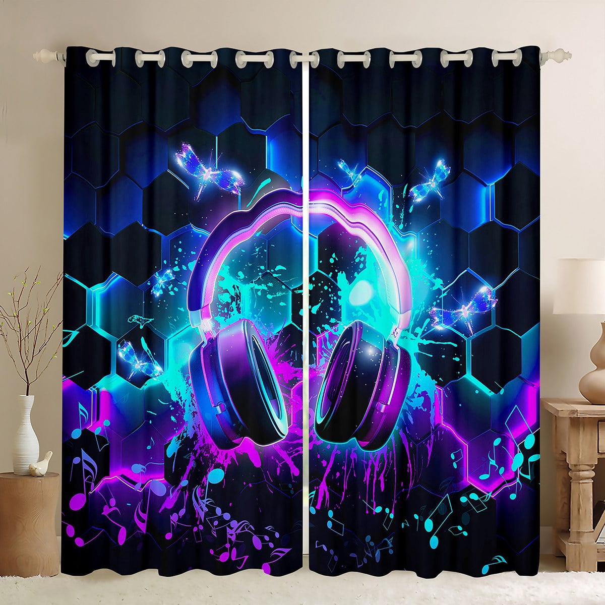 Glowing Headphones 30%-50% Blackout Curtains for Bedroom, Geometry ...