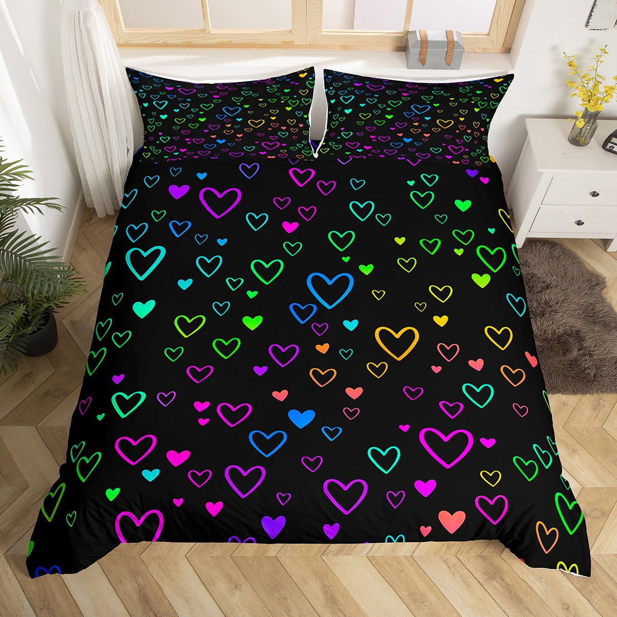 YST Glowing Hearts Bed Set Rainbow Neon Lights Duvet Cover, Blue Pink ...