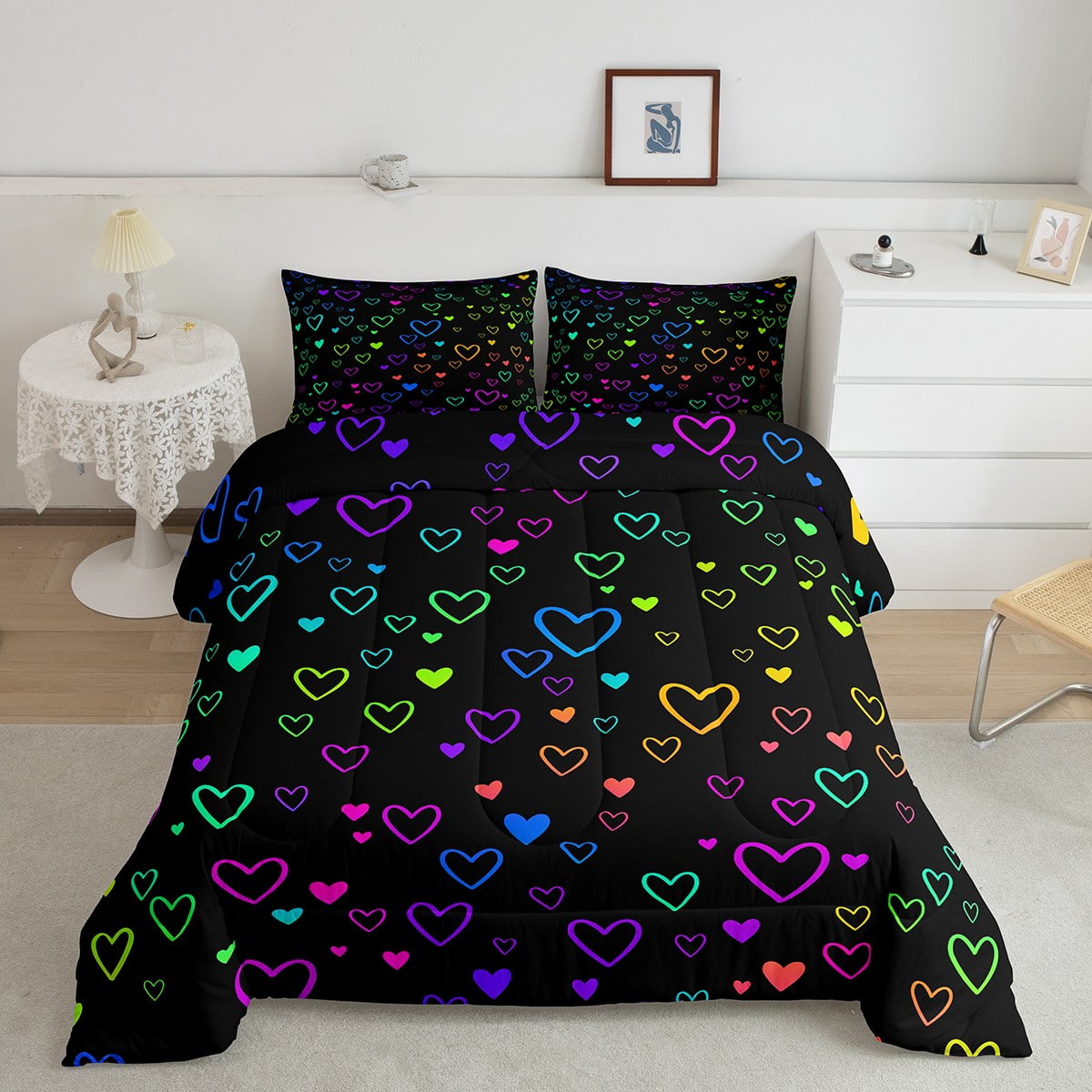 Glowing Hearts Comforter King Rainbow Neon Lights Bedding Set, Blue ...