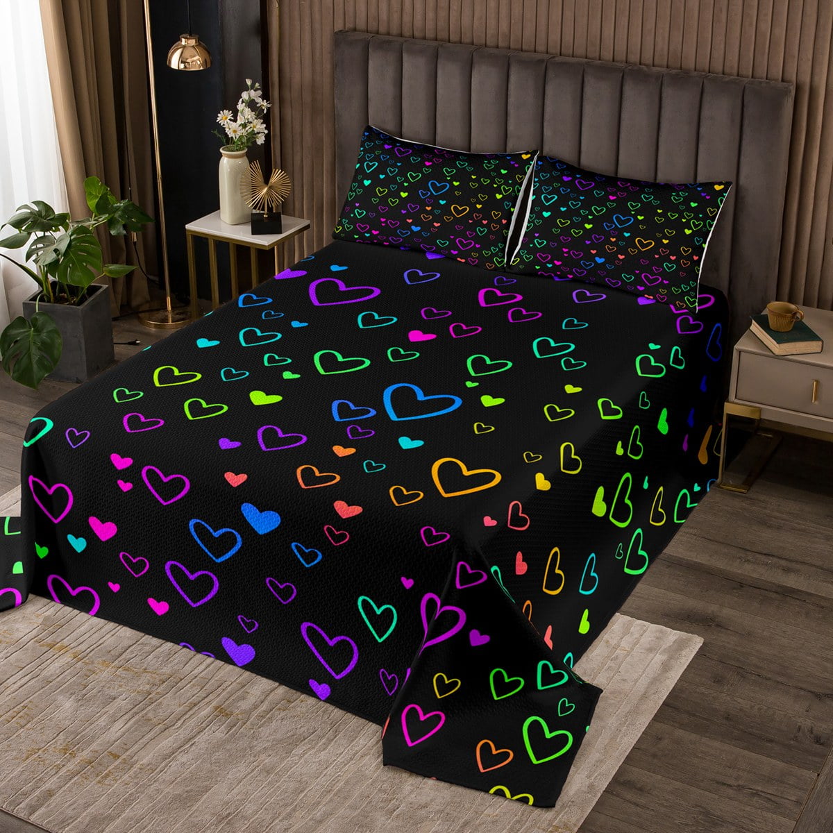 YST Glowing Hearts Coverlet Twin Size Rainbow Neon Lights Bedding Set ...