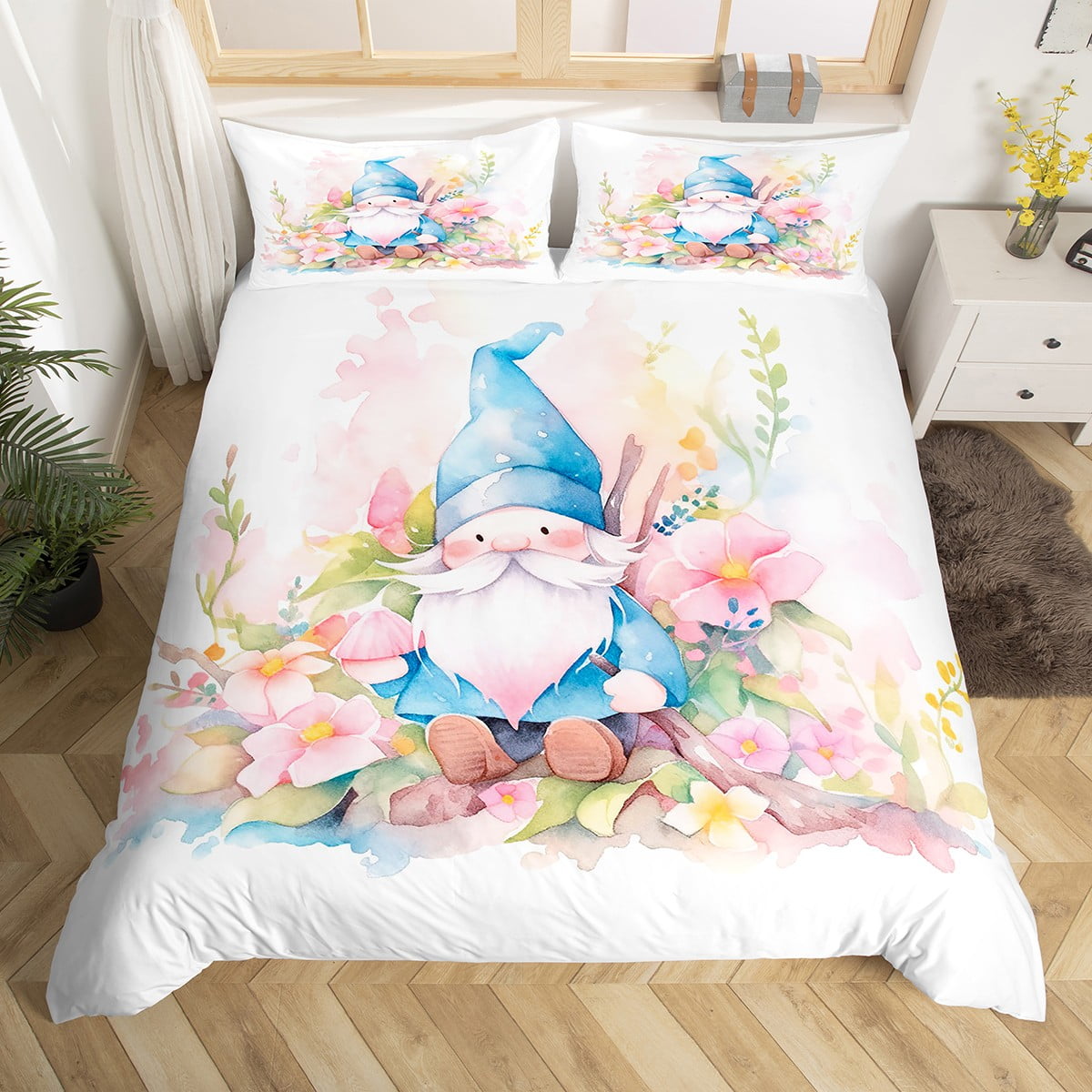 YST Gnome Comforter Cover Spring Garden Floral Bedding Set Bedroom ...