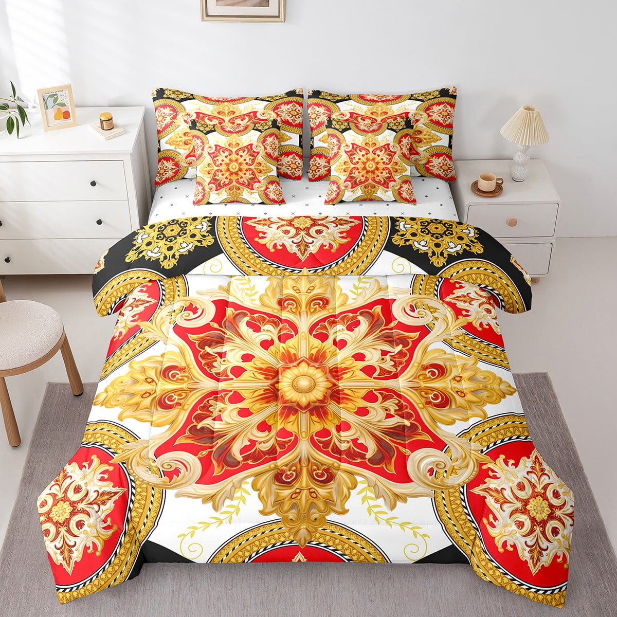 Gold Baroque King Comforter Set 7 Piece Red Medallion Damask Bed In A ...