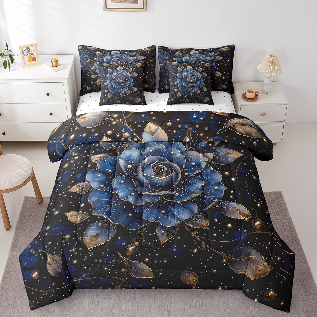 Gold Blue Rose Comforter Set Twin 7 Piece,Romantic Rose Flower Bedding ...