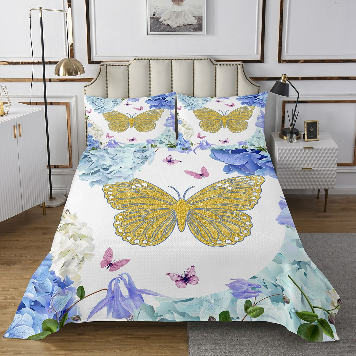YST Gold Butterfly Twin Coverlet Set for Girls Women Blue Flowers Quilt ...