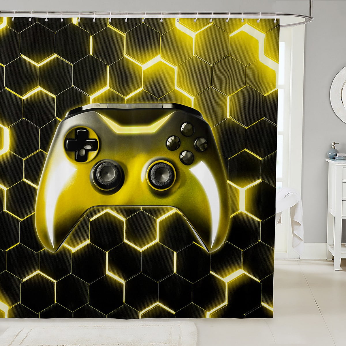Gold Gamer Console Bathroom Shower Curtain Sets Gaming Room Decor, 3D ...