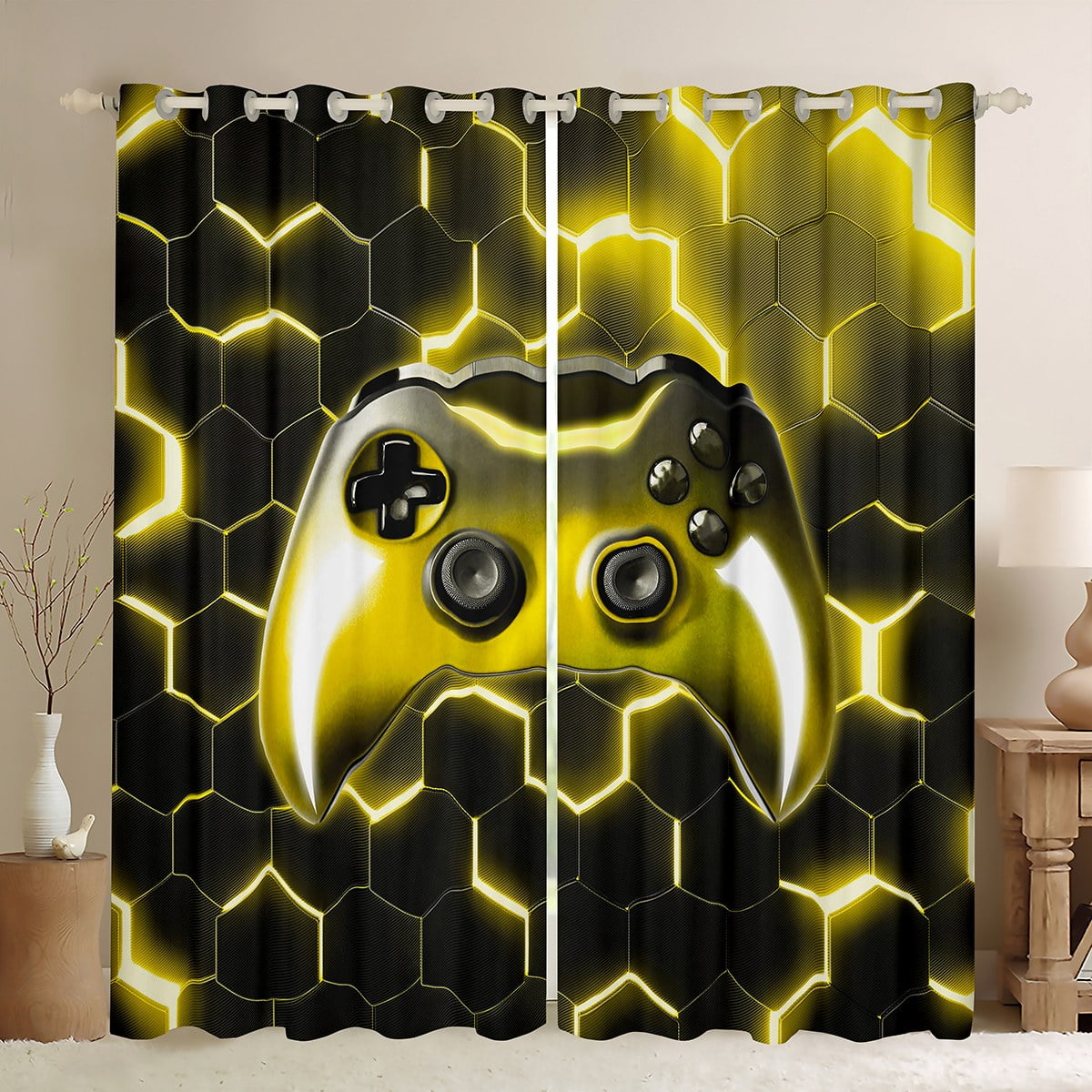 Gold Gamer Console Curtains & Drapes Gaming Room Decor, 3D Gaming ...
