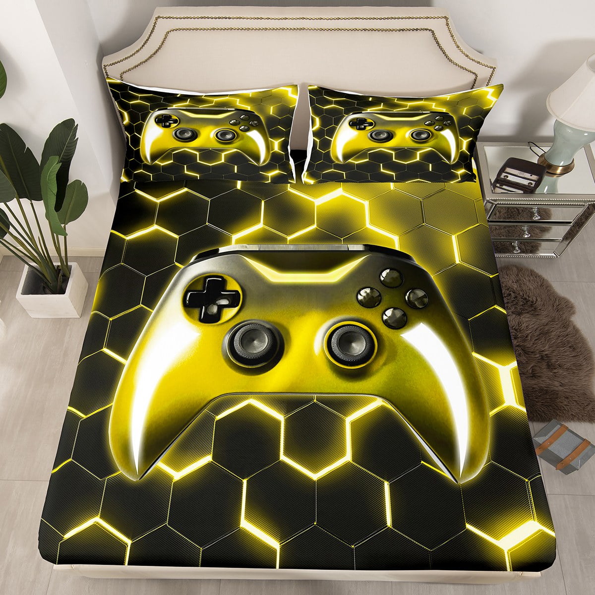 YST Gold Gamer Console Fitted Sheet Twin for Boys Gaming Room Decor, 3D ...