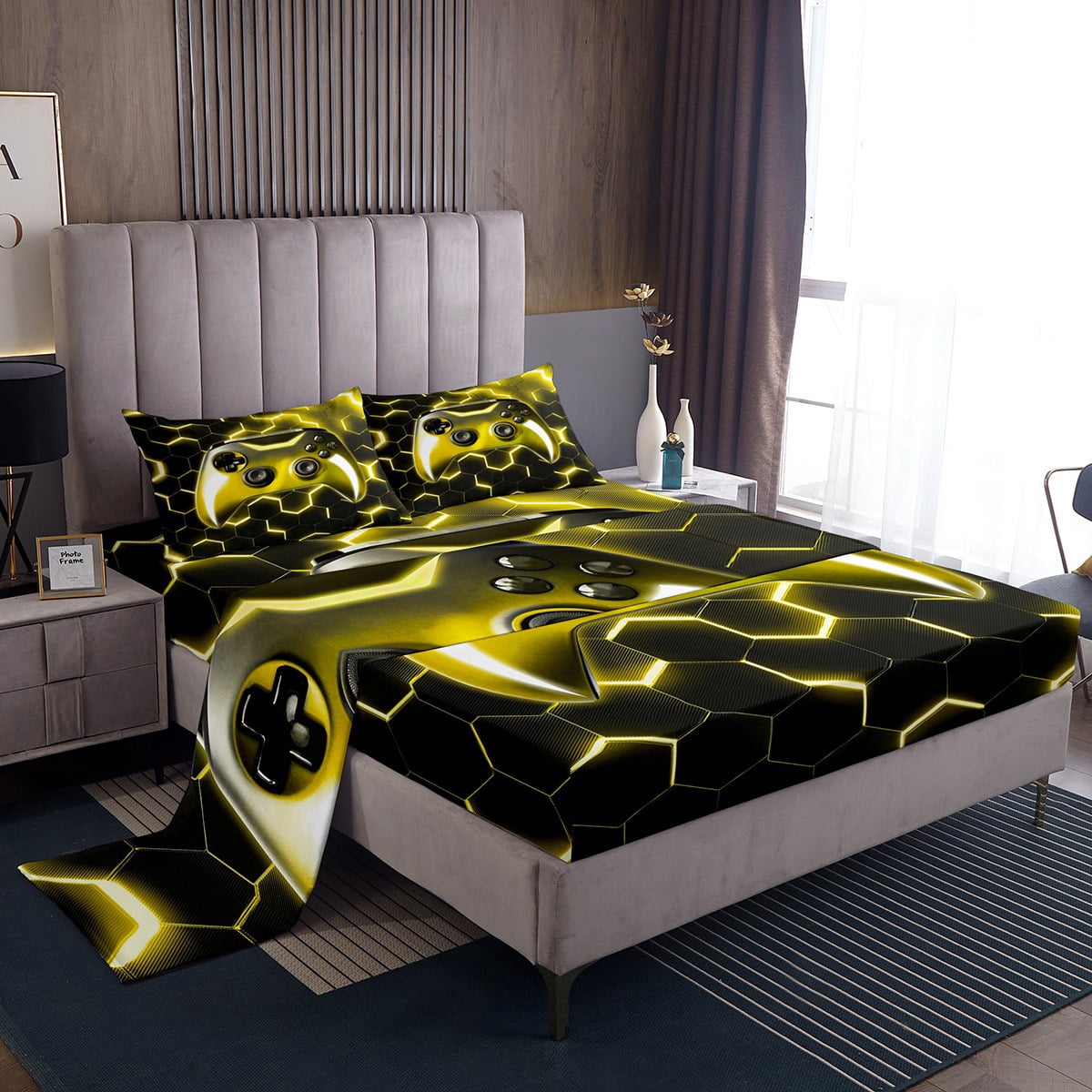 Erosebridal Gold Gamer Console Sheet Set King Gaming Room Decor, 3D ...