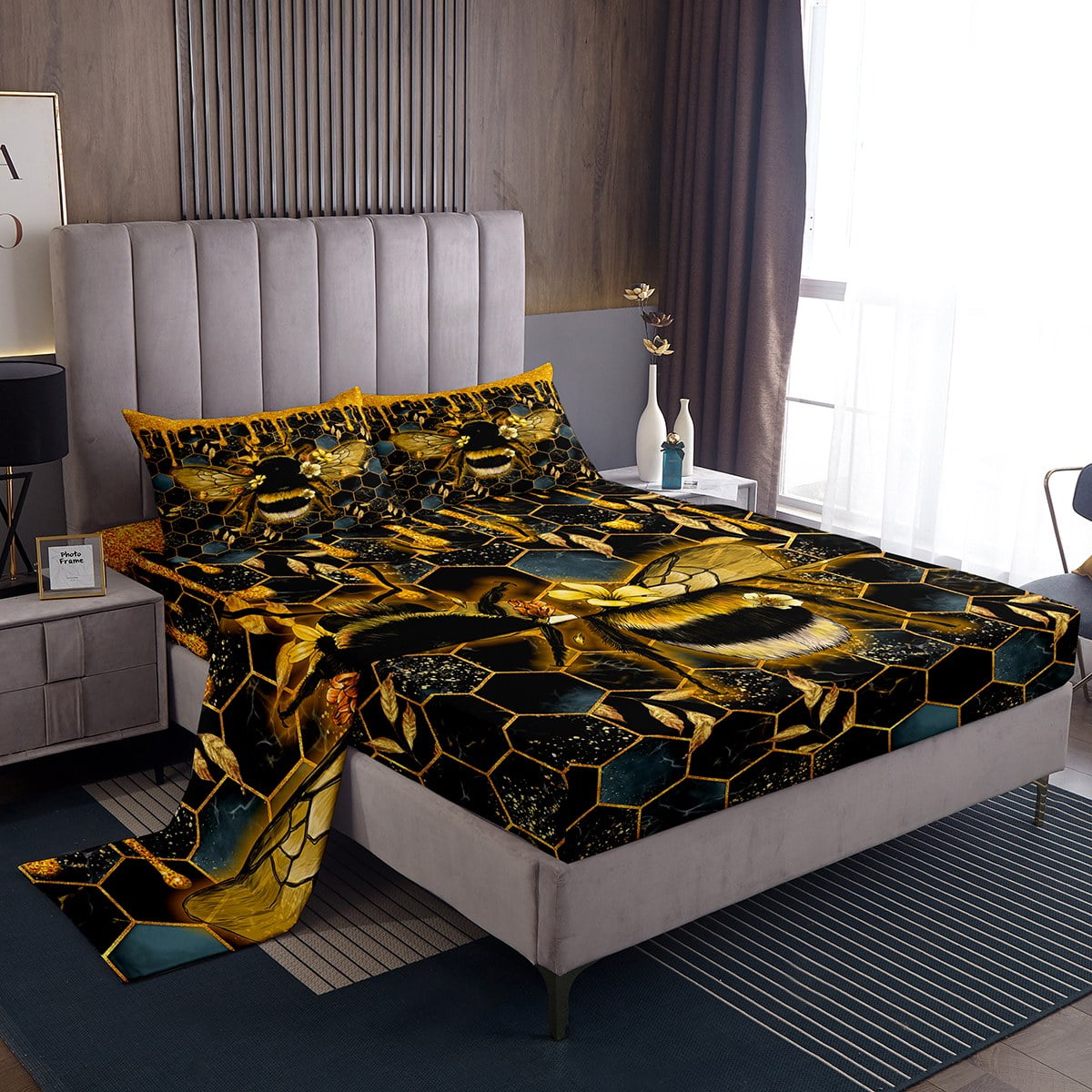 YST Gold Honey Bee Bed Set Black Marble Bed Sheets Set, Wildlife Animal ...