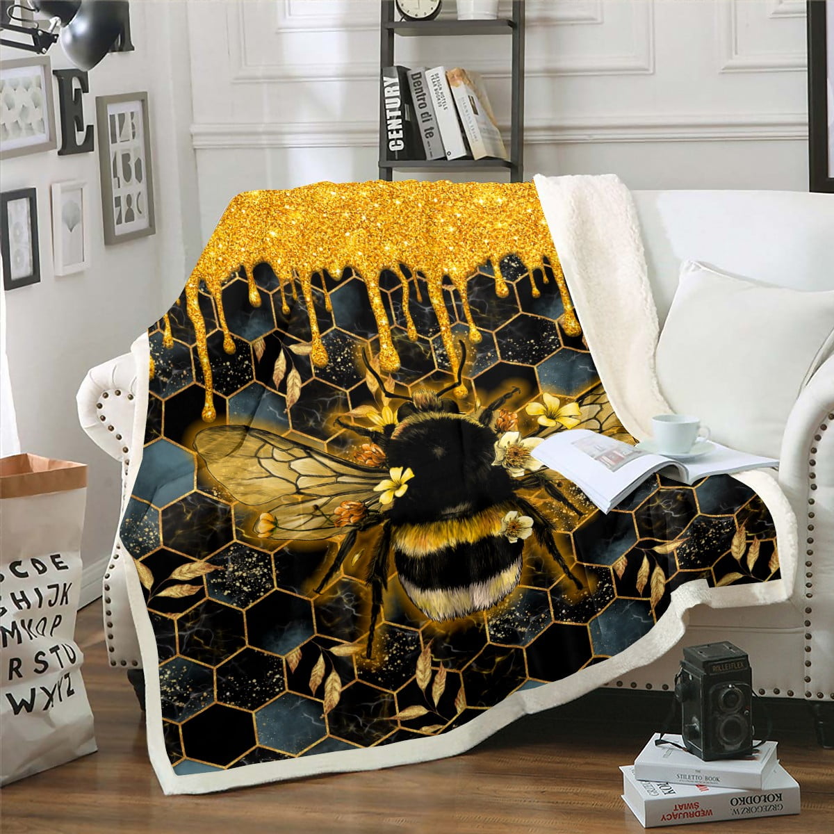 Gold Honey Bee Blanket Black Marble Throw Blanket for Bed, Wildlife ...