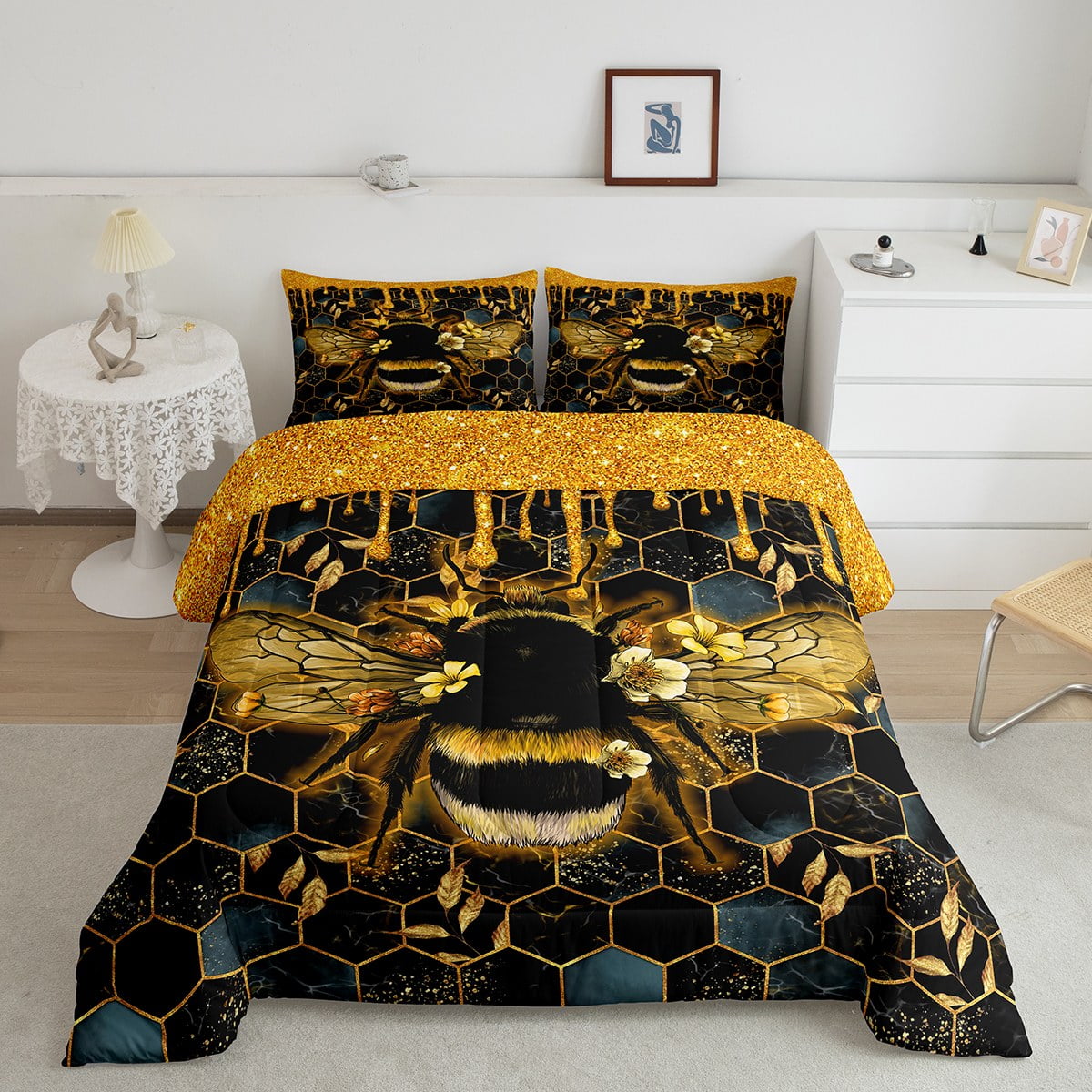 Erosebridal Gold Honey Bee Comforter Full Black Marble Bedding Set ...