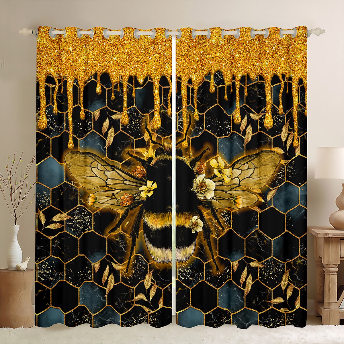Erosebridal Gold Honey Bee Curtains & Drapes Black Marble Blackout ...