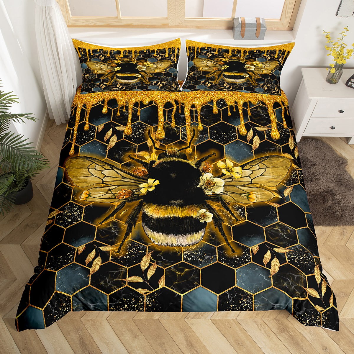 YST Gold Honey Bee Duvet Cover Queen Black Marble Bedding Set, Wildlife ...