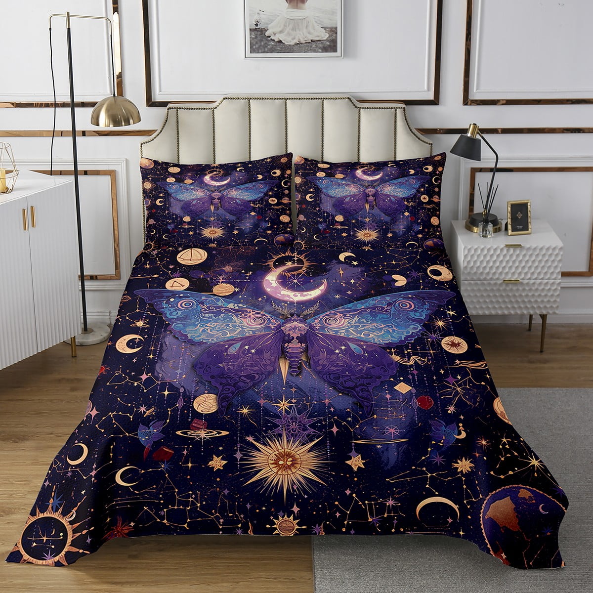Gold Purple Moth Queen Quilt Set,Sun Moon and Stars Boho Bedding Set ...