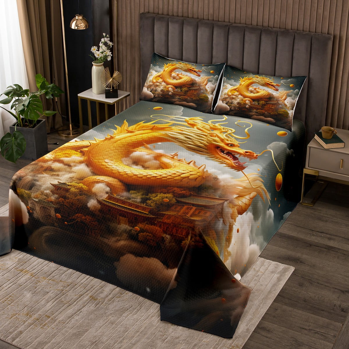 Golden Dragon Bedspread Set King ,Asian Chinese Dragon Quilt Set,Animal ...
