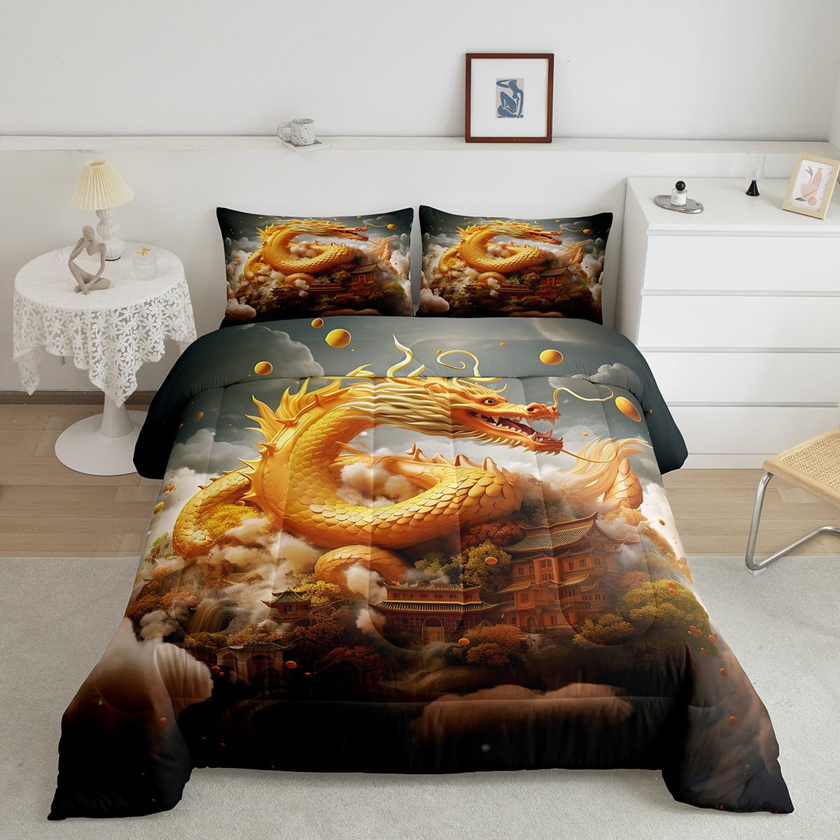 YST Golden Dragon Comforter Set Queen for Girls Boys Kids,Asian Chinese ...