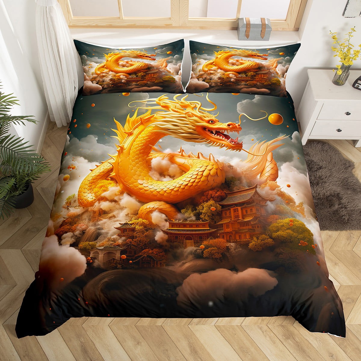 Erosebridal Golden Dragon Duvet Cover Queen,Asian Chinese Dragon ...