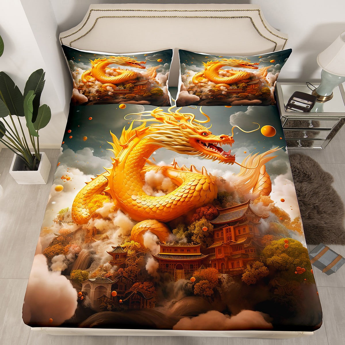 YST Golden Dragon Fitted Sheet Twin for Girls Boys Kids,Asian Chinese ...