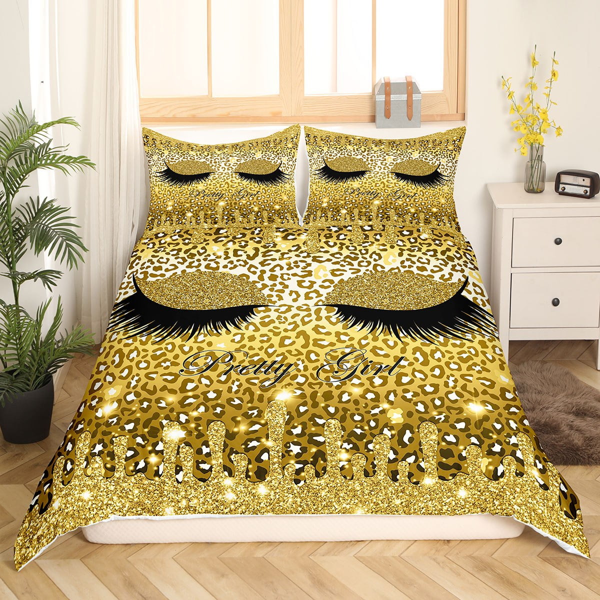 Erosebridal Golden Eyelash Comforter Cover Gradient Leopard Print Bed ...