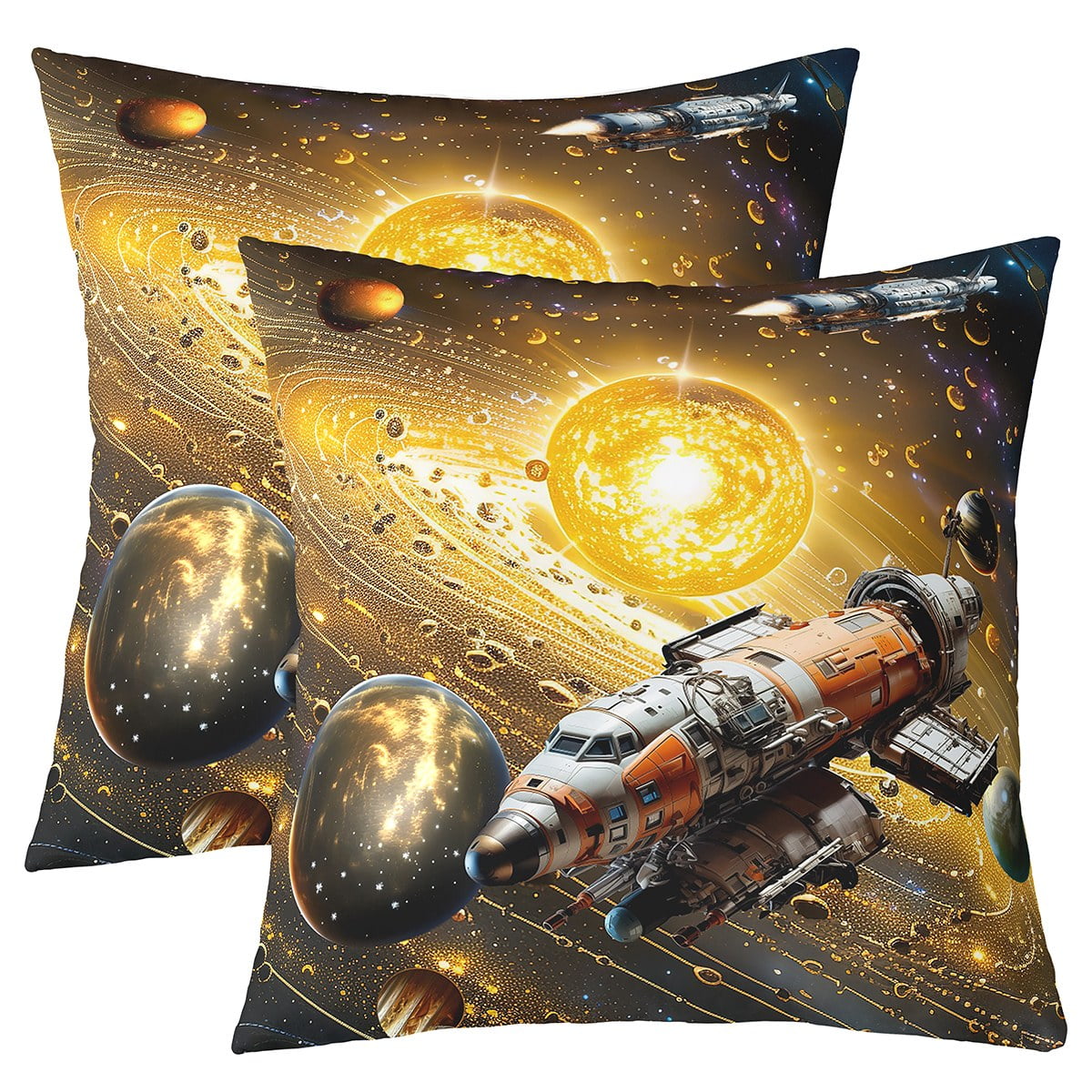 Golden Planet Throw Pillow Covers Pack of 2 ,Modern Spacecraft Pillow ...