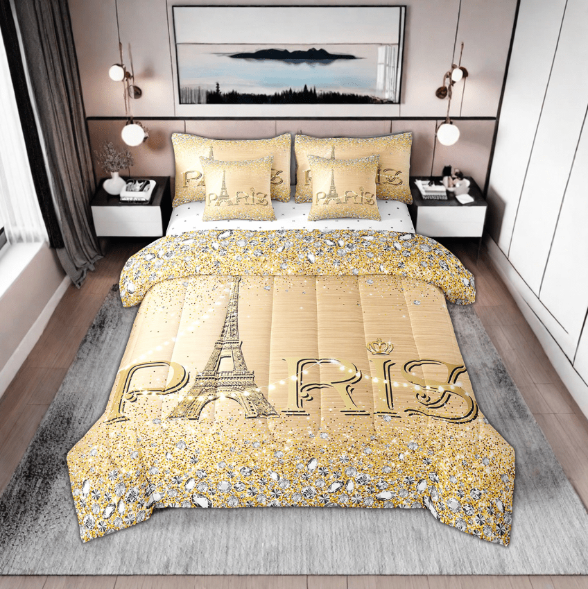 Golden Sequins Comforter Set Queen Women,Glitter Eiffel Tower Bed in A Bag,(Not Real)Diamond ...