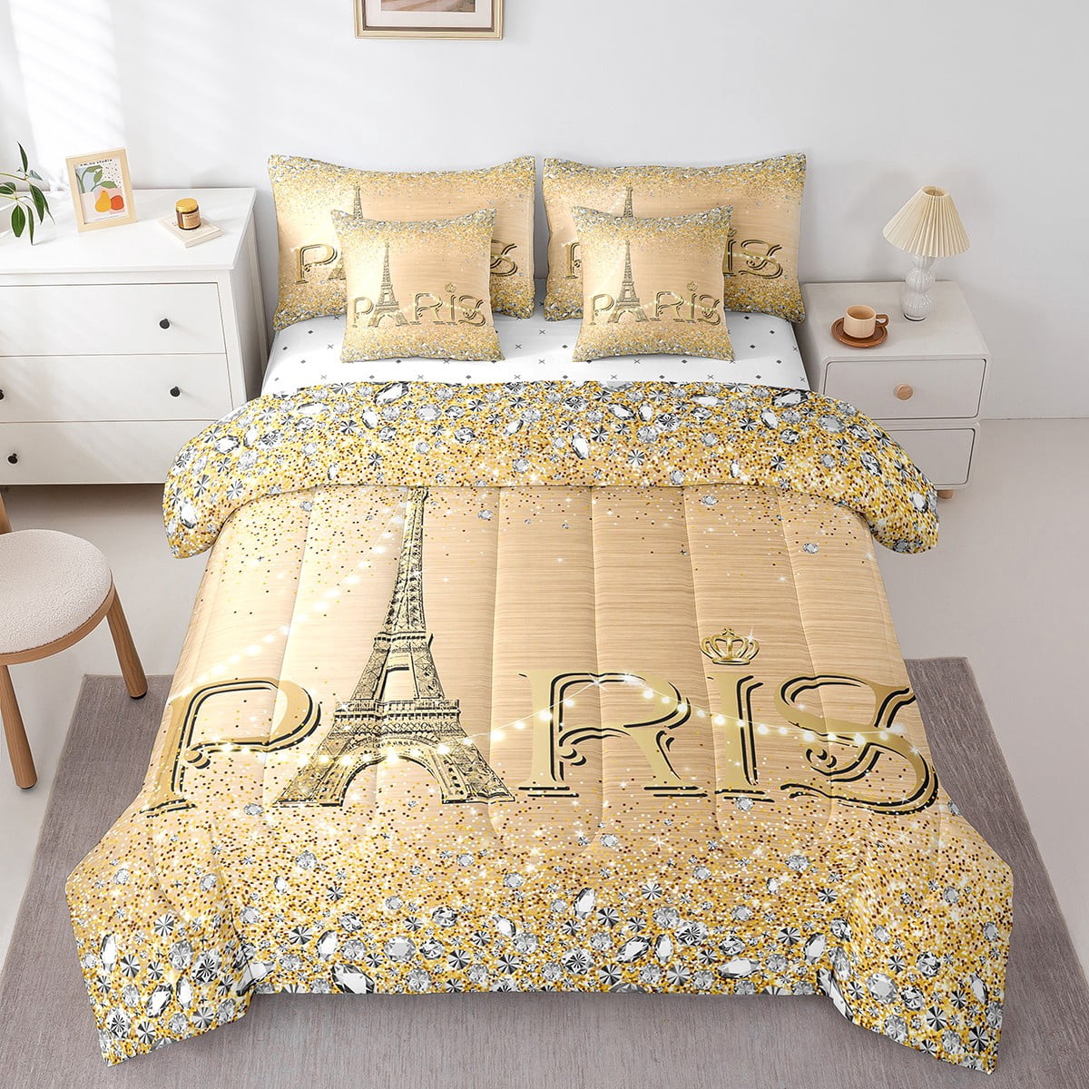 Golden Sequins Comforter Set Twin Women,Glitter Eiffel Tower Bed in A ...