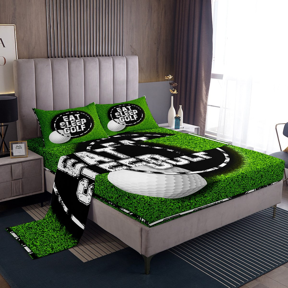 Golf Bed Set Eat Sleep Golf Print Bed Sheets Set, Green Grass Sheet Set ...