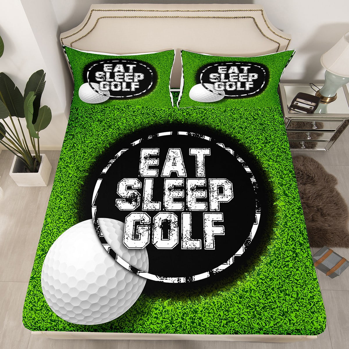 Golf Twin Sheets Eat Sleep Golf Print Bed Sheets, Green Grass Fitted ...