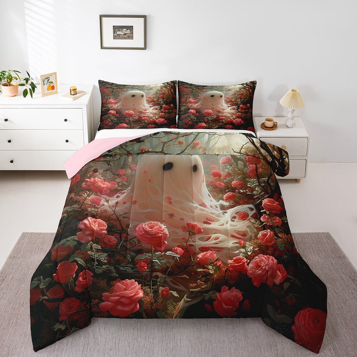 Goth Halloween Bedding Set Pink Rose Ghost Gothic Bedding Comforter ...